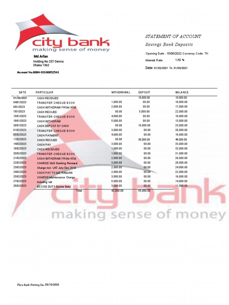 MD Pappu Islam: Statement of Account Savings Bank Deposits | PDF ...
