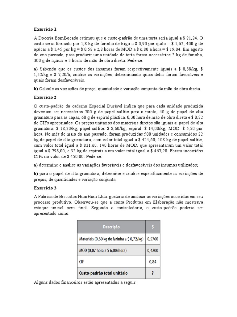 Unidade II - Exercício Custo-Padrão | PDF | Tecnologia e Engenharia