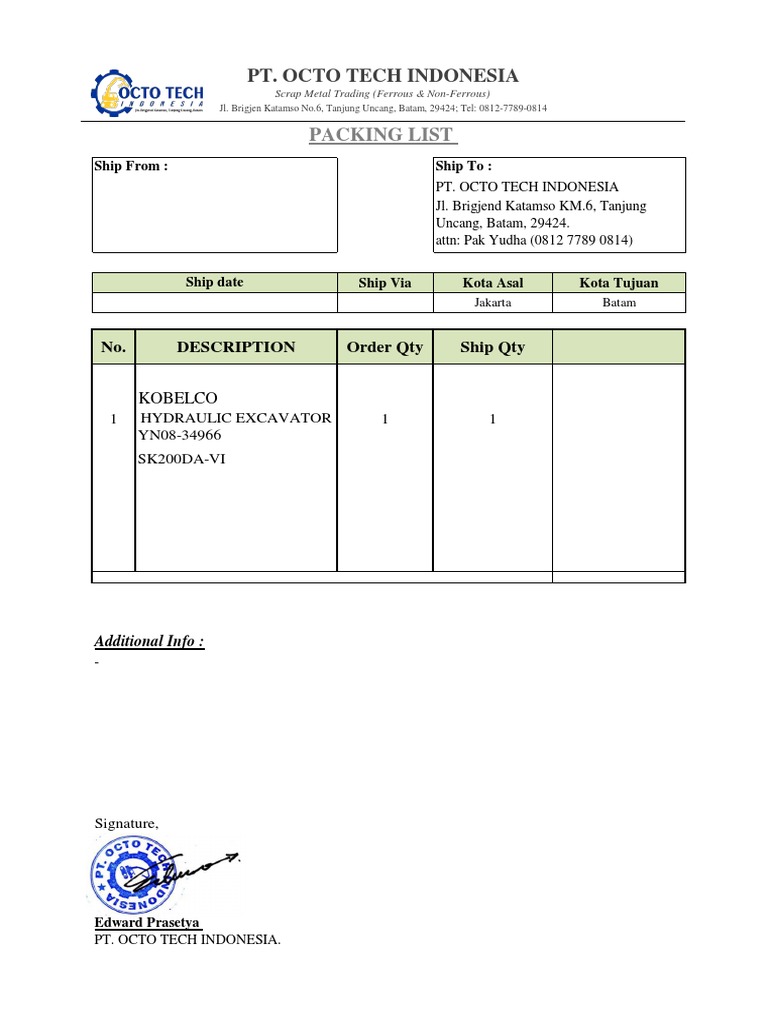 Packing List - Excavator | PDF