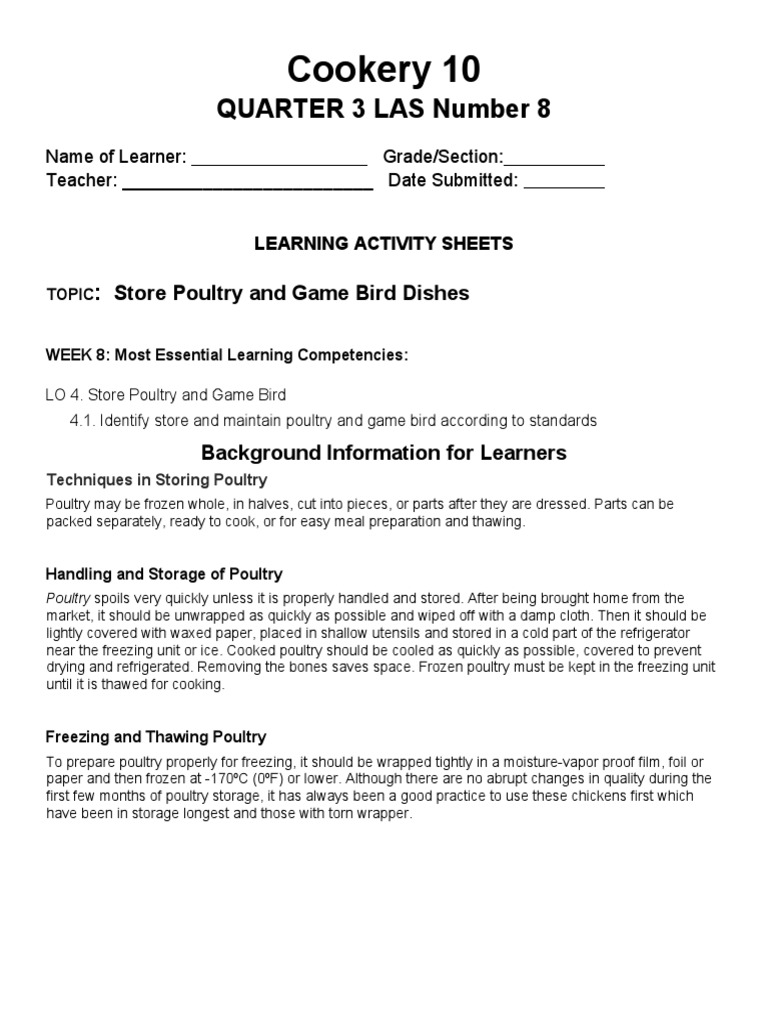 COOKERY 10 Quarter 3 LAS Number 8 | PDF | Shelf Life | Stock (Food)