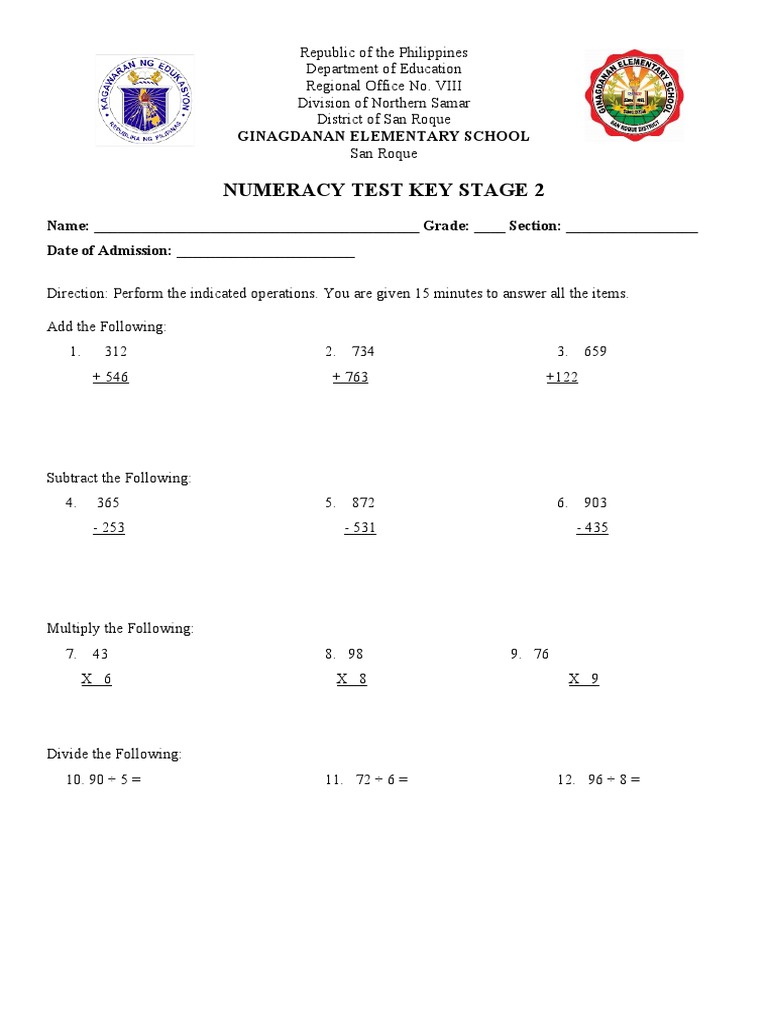 Numeracy Test Key Stage 2 for Ginagdanan Elementary School Students in ...
