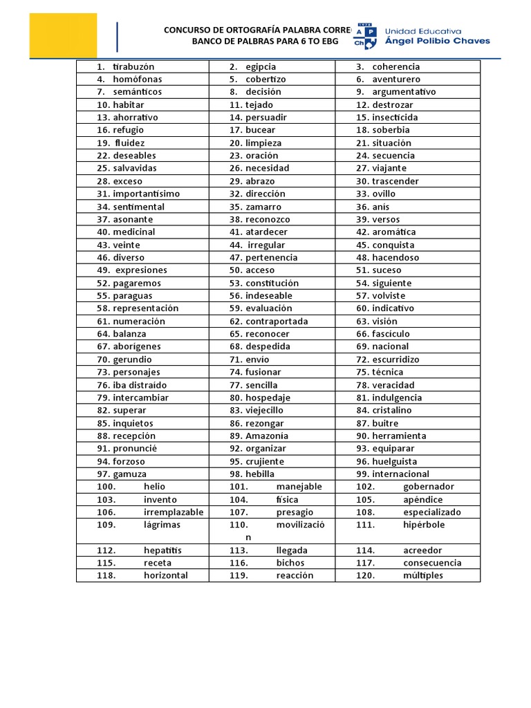 Banco de Palabras Concurso de Ortografia 6to EGB | PDF