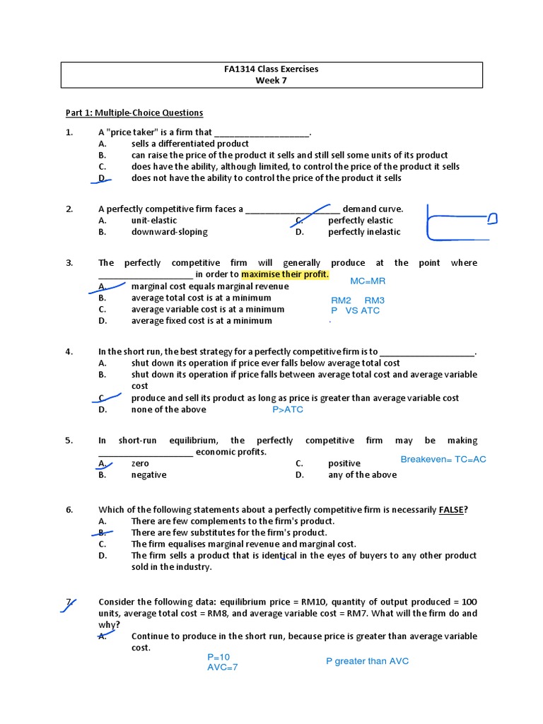 Fa1314 Class Exercise - Week 7 - Students | PDF | Monopoly | Perfect Competition