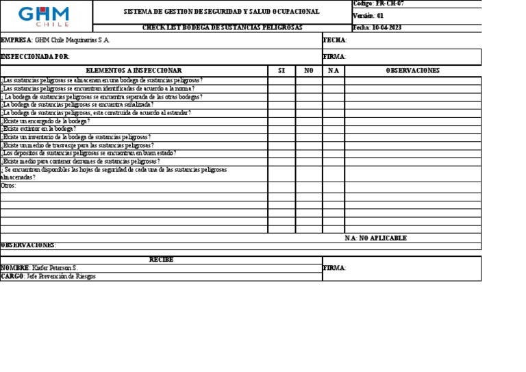 PR-CH-07 Check List Bodega de Sustancias Peligrosas | PDF