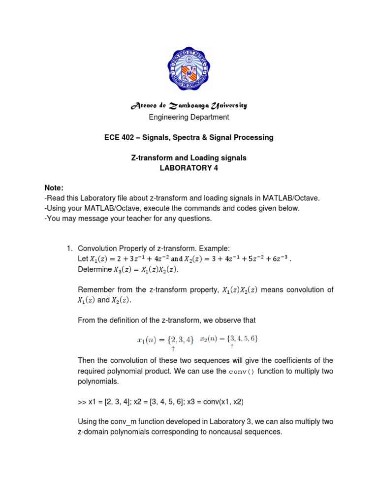Ateneo de Zamboanga University ECE 402 Lab on Z-transform and Loading Signals | PDF | Computer ...