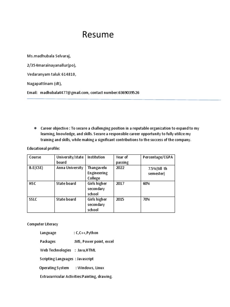 Resume: Ms - Madhubala Selvaraj, 2/354marainayanallur (Po), Vedaranyam ...