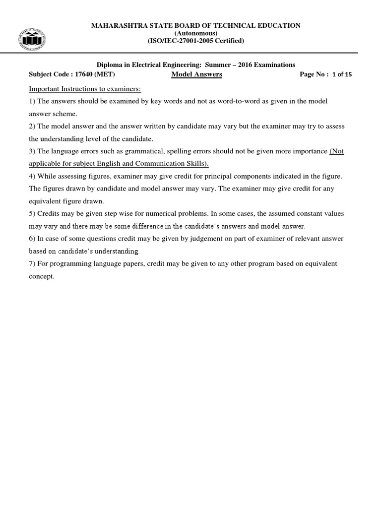 2016 Summer Model Answer Paper | PDF | Electric Motor | Relay