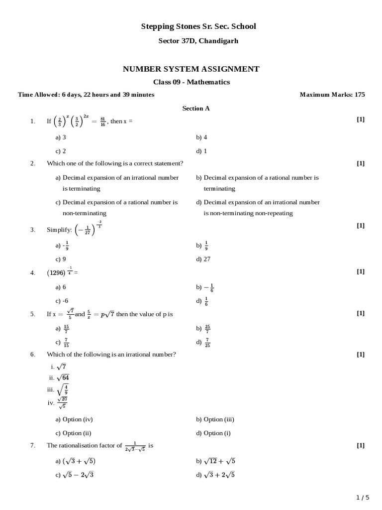 Assignment Nuber System 1 Ques | PDF | Numbers | Rational Number