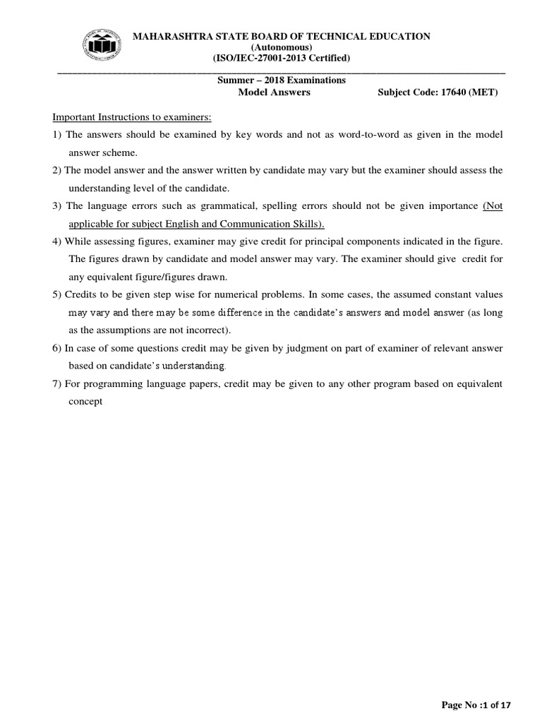 Maharashtra State Board of Technical Education Summer 2018 Exam Model Answers | PDF ...