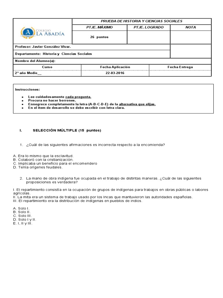 Prueba de Historia y Ciencias Sociales | PDF | Chile | Nueva españa