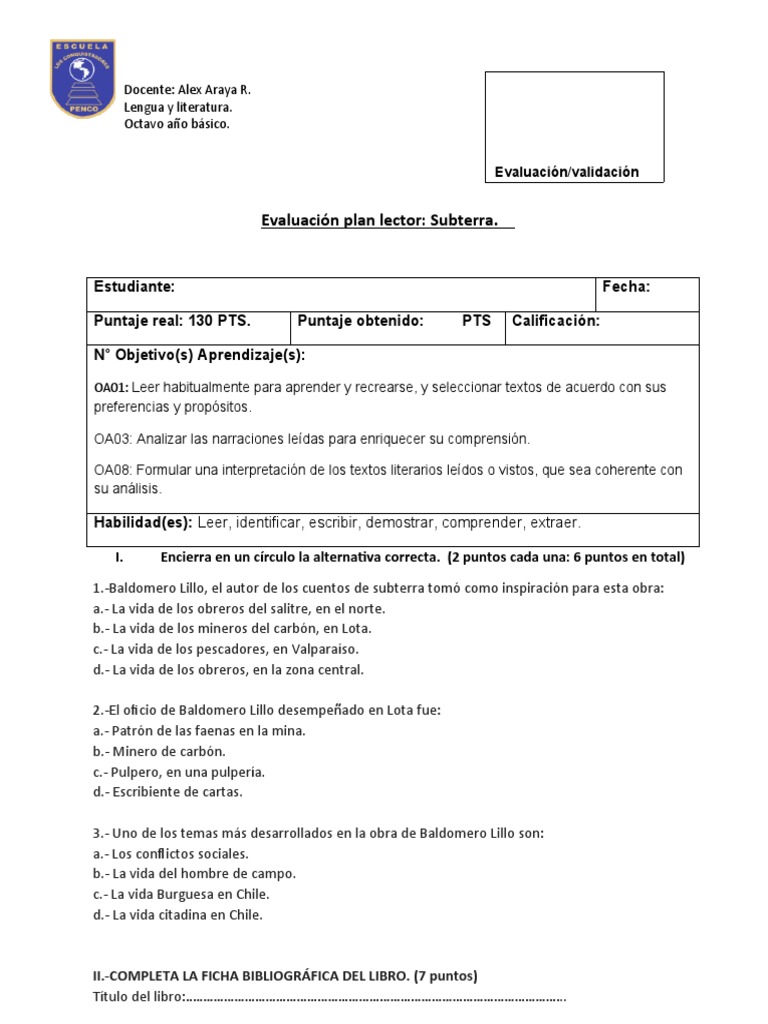 Evaluación Plan Lector Octavo Subterra. | PDF