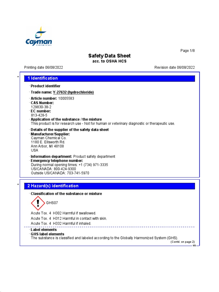 Safety Data Sheet for Y-27632 (hydrochloride) Provides Hazard ...