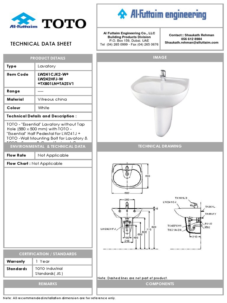 Wash Basin Wall Hung Toto Without Hole With Semi Pedestal LW241 LW242 | PDF