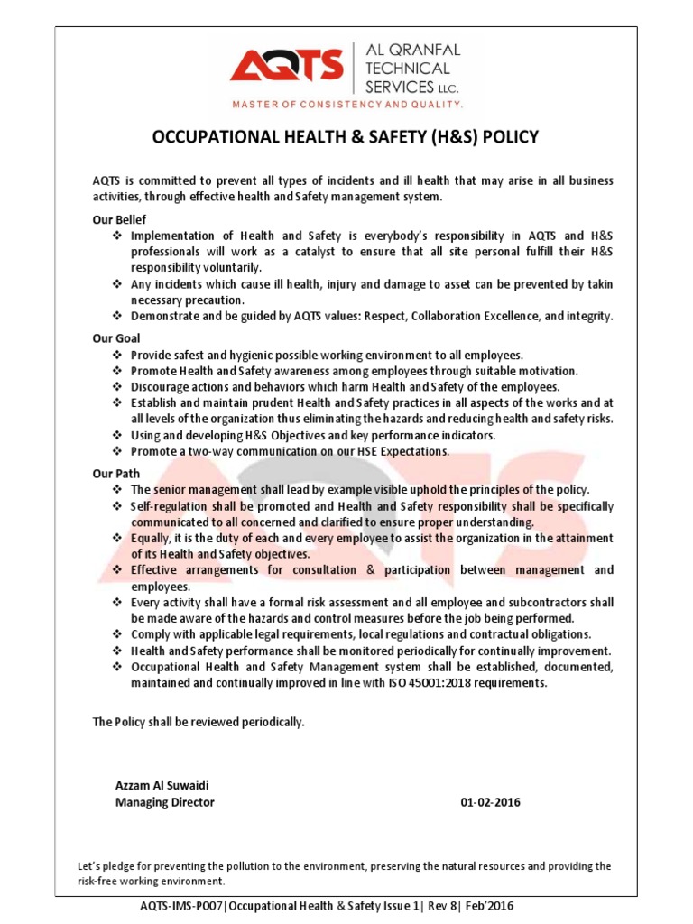 Occupational Health & Safety Policy | PDF | Occupational Safety And Health | Safety