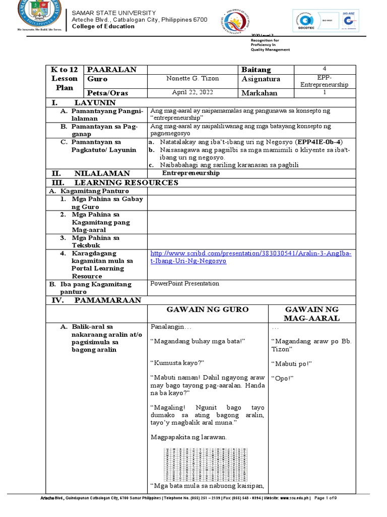 Baitang Paaralan Kto12 Lesson Plan Guro Petsa/Oras I. Layunin | PDF