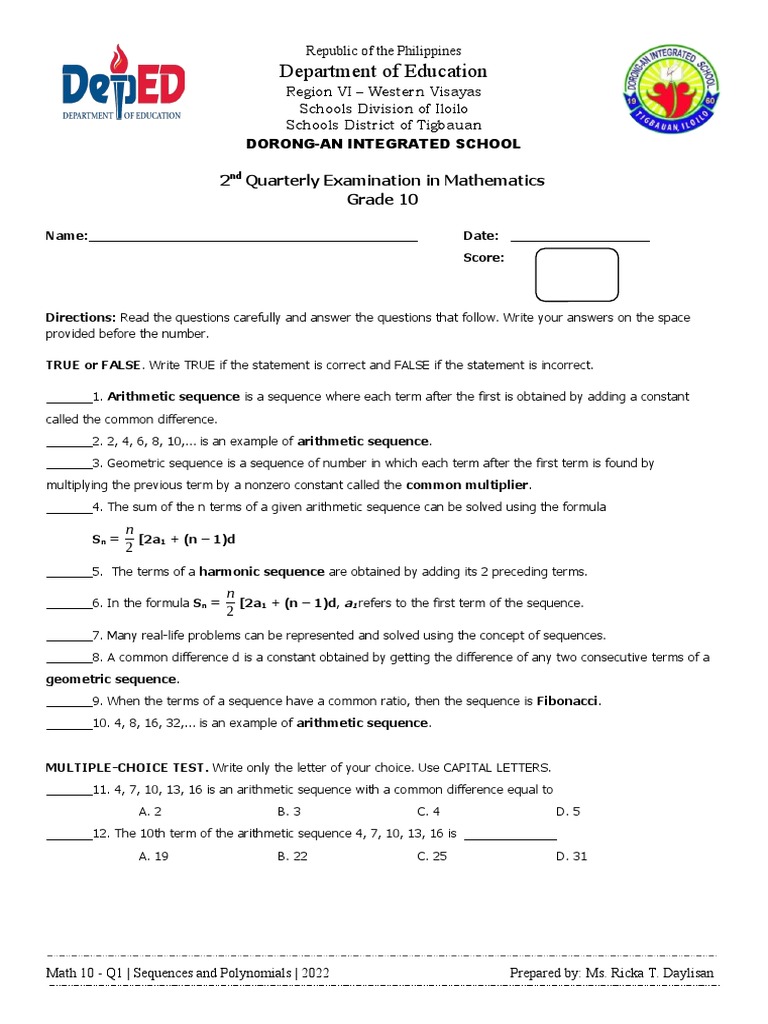 Republic of the Philippines Department of Education 2nd Quarterly ...