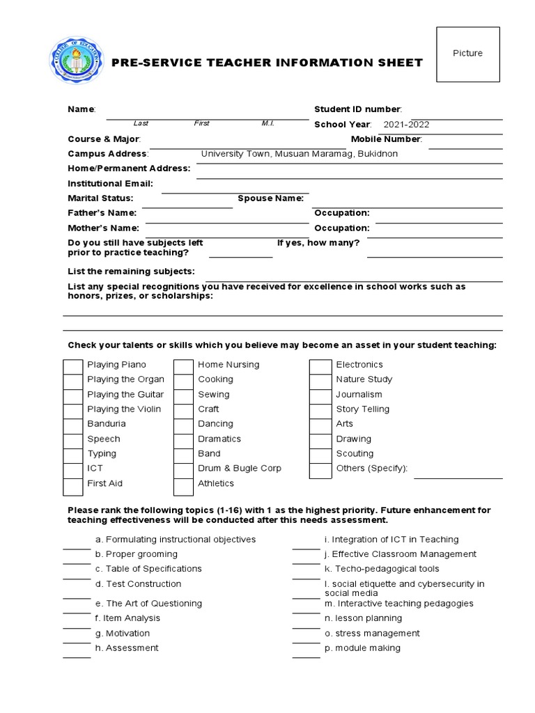 Pre-Service Teacher Information Sheet: Last First M.I | PDF ...