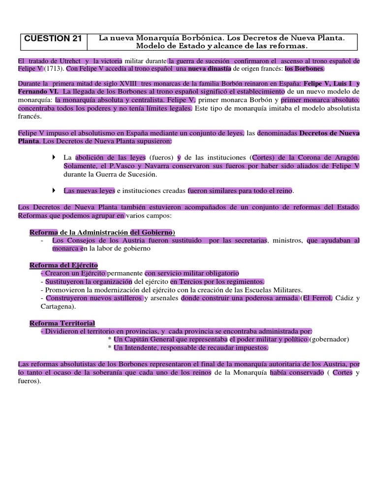 Cuestión 21: La Nueva Monarquía Borbónica. Los Decretos de Nueva Planta. Modelo de Estado y ...
