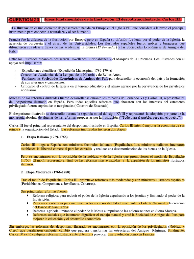 Cuestión 23: Ideas Fundamentales de La Ilustración. El Despotismo Ilustrado: Carlos III | PDF ...