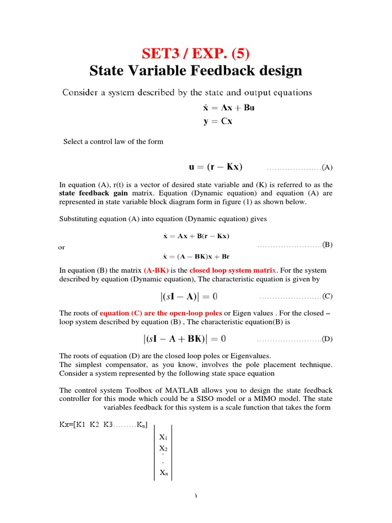 EXP (5) - State Variable Feedback Design | Download Free PDF | Control Theory | Determinant
