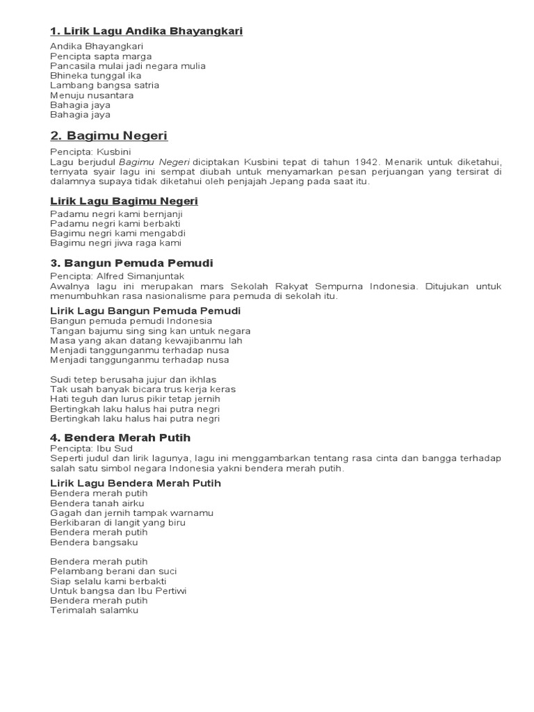 Lagu Wajib Nasional Dan Penciptanya. | PDF