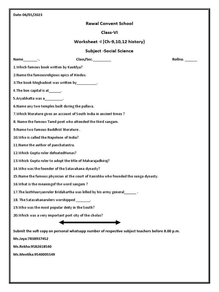 S.S.T Worksheet Class-Vi | PDF