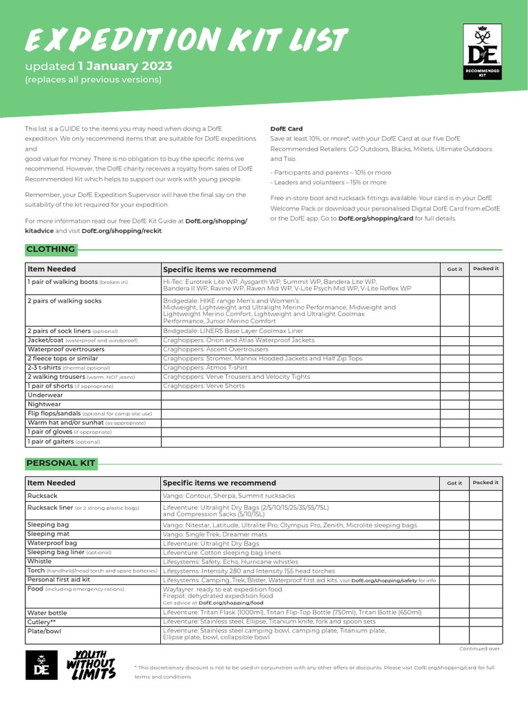 DofE Expedition Kit List January 2023 4 | PDF | Equipment | Consumer Goods DofE Expedition Kit List January 2023 4 | PDF | Equipment | Consumer Goods