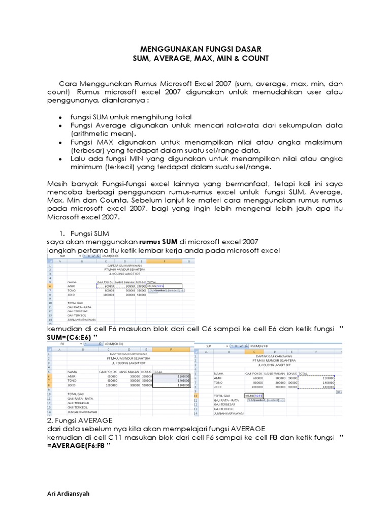 Fungsi Dasar Excel: SUM, AVERAGE, MAX, MIN | PDF | Komputer