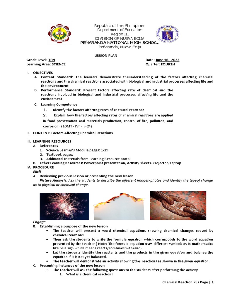 DLL Cot 2 Science 10 | PDF | Chemical Reactions | Reaction Rate