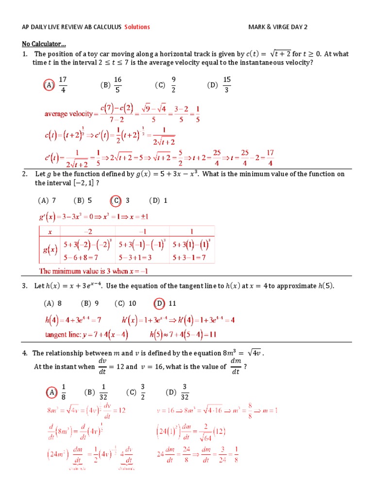 Ap Daily Live Review Ab Calculus Mark & Virge Day 2 No Calculator | PDF | Derivative | Function ...