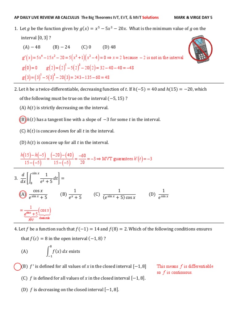 Day 5 Solutions Understanding The Big Theorems Including IVT, EVT, & MVT | PDF | Maxima And ...