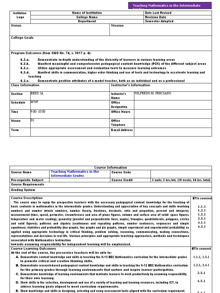 Syllabus Teaching Math in The Intermediate Grades | PDF | Learning ...