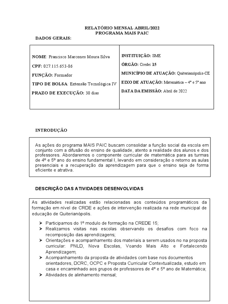 Relatório Paic Abril 2022 | PDF | Aprendizado | Pedagogia