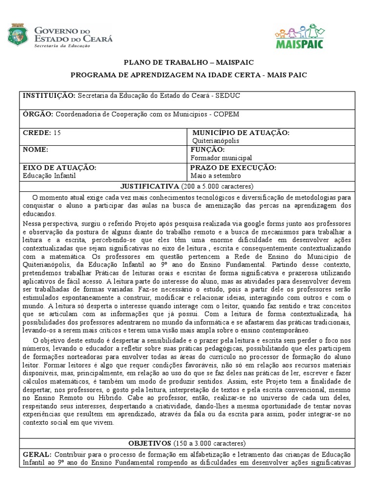 Plano de Trabalho para o Programa MAIS PAIC | PDF | Pedagogia | Matemática