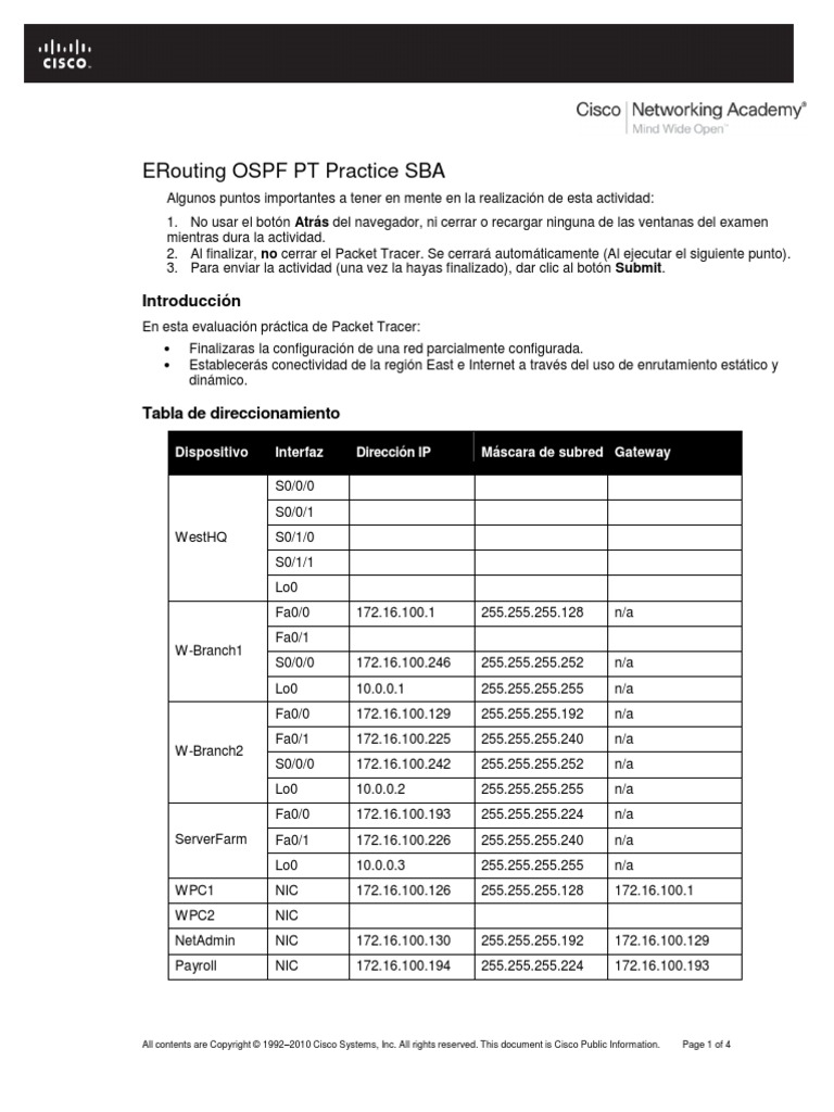 Español ERouting PT Practice SBA Instructions | PDF | Enrutador (Computación) | Dirección IP