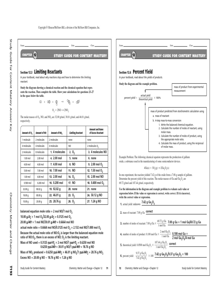 Percent Yield Limiting Reactants: Study Guide For Content Mastery Study ...