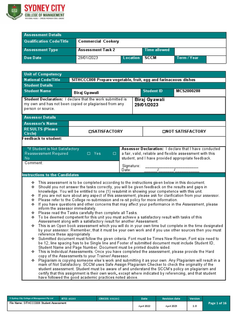 SITHCCC008 Student Assessment Task 2 | PDF