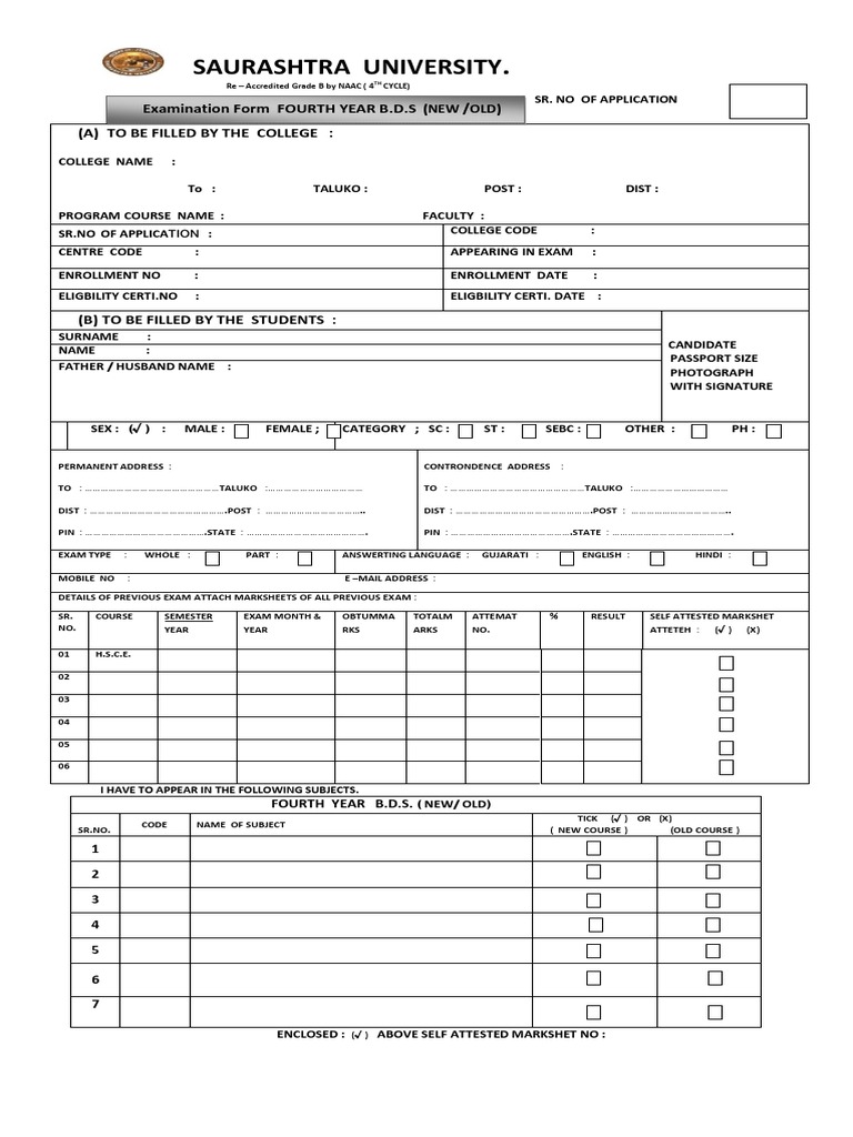 Application for the Fourth Year B.D.S. Examination | PDF