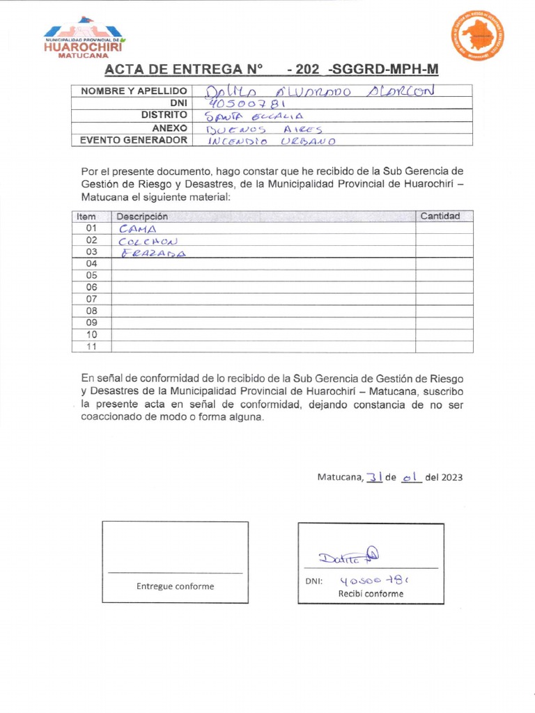 Acta de Entrega | PDF