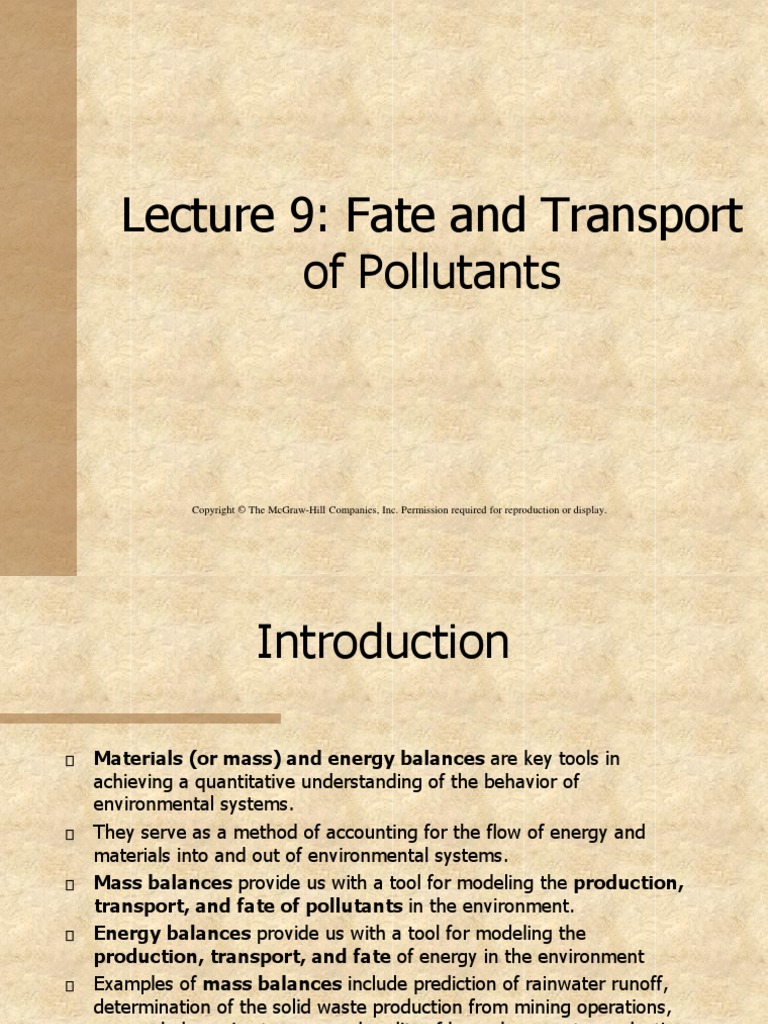 Lecture 9 - Fate and Transport of Pollutants | PDF | Calorie | Heat