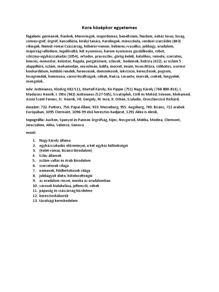 Kora Középkor Egyetemes Jegyzék | PDF