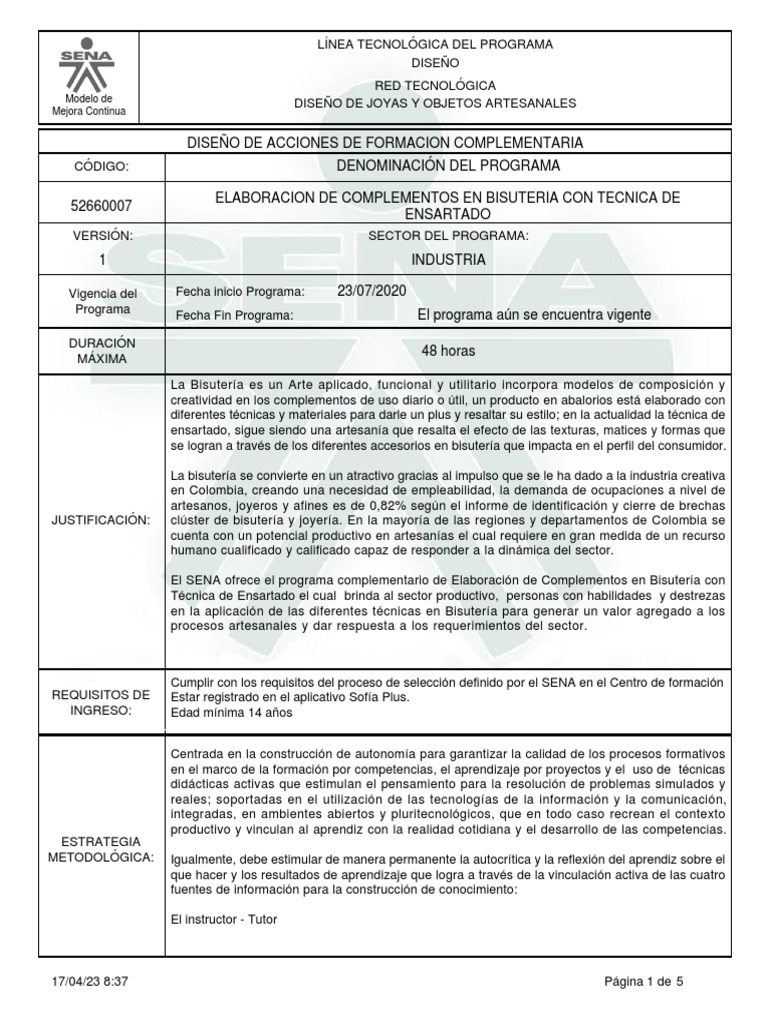 Informe Programa de Formación Complementaria | PDF | Diseño | Aprendizaje