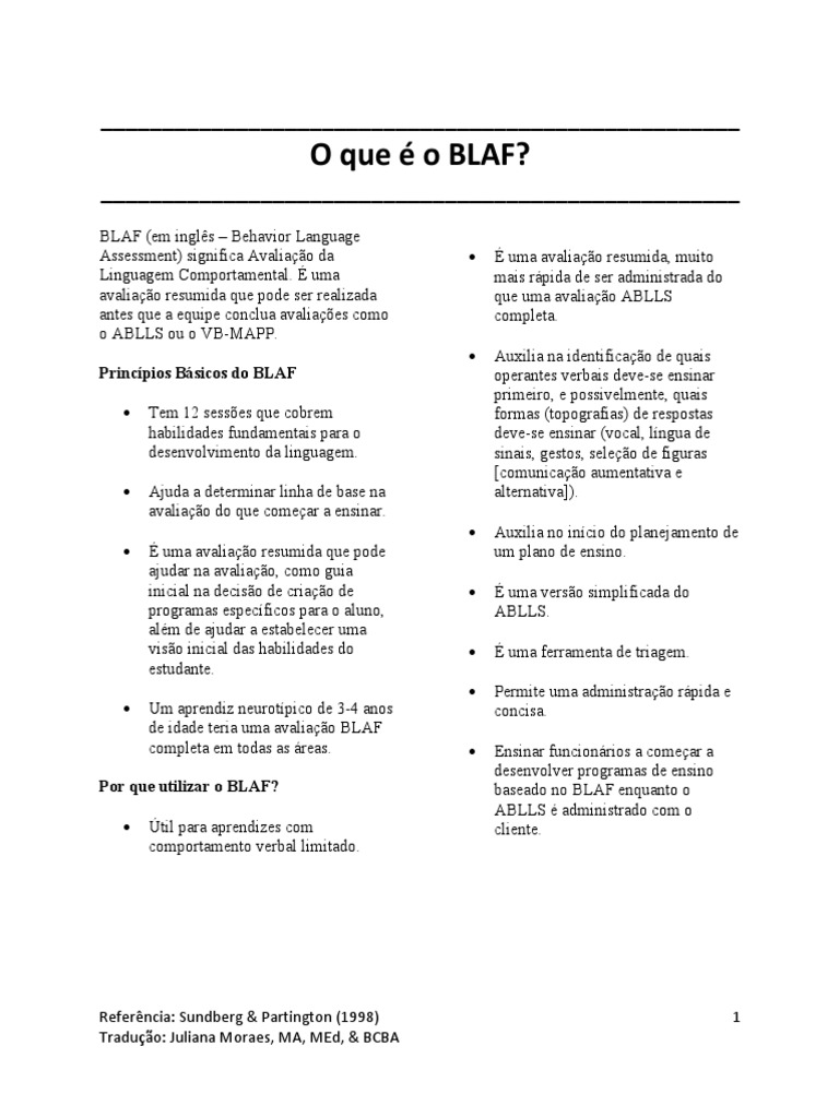 BLAF (Avaliação Da Linguagem Comportamental) - ABA | PDF | Linguística ...