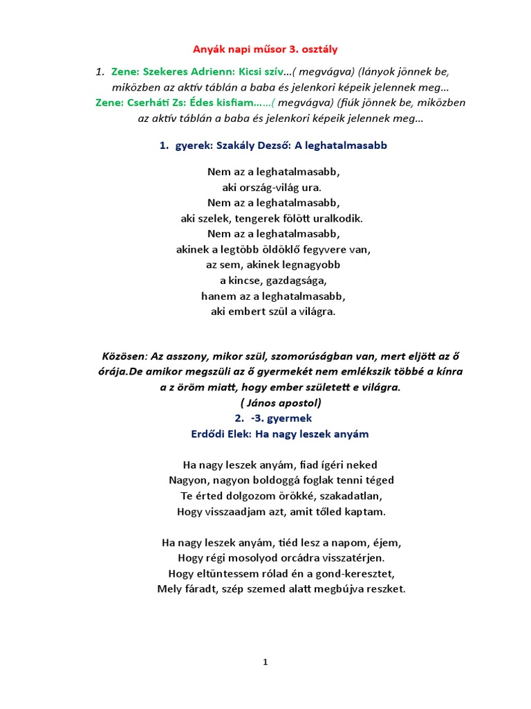 Anyák Napi Műsor 3. o | PDF