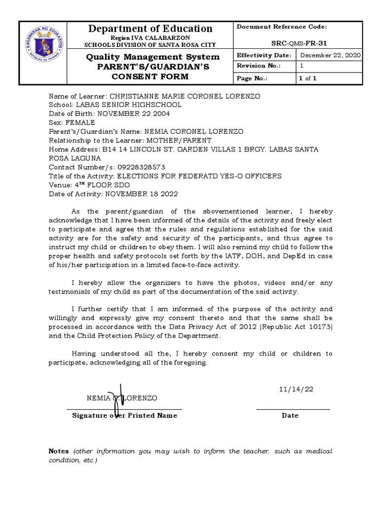 Department of Education: Quality Management System Parent'S/Guardian'S ...