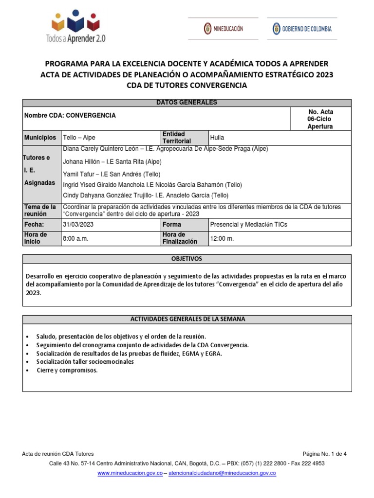 ACTA 06 CDA CONVERGENCIA - Marzo 31 de 2023 - CICLO APERTURA | PDF | Cognición | Aprendizaje
