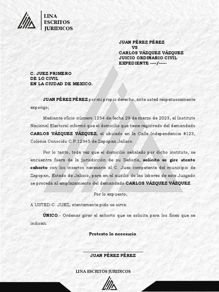 9 Escrito Solicitando Exhorto para Emplazar Escritos | PDF 9 Escrito Solicitando Exhorto para Emplazar Escritos | PDF