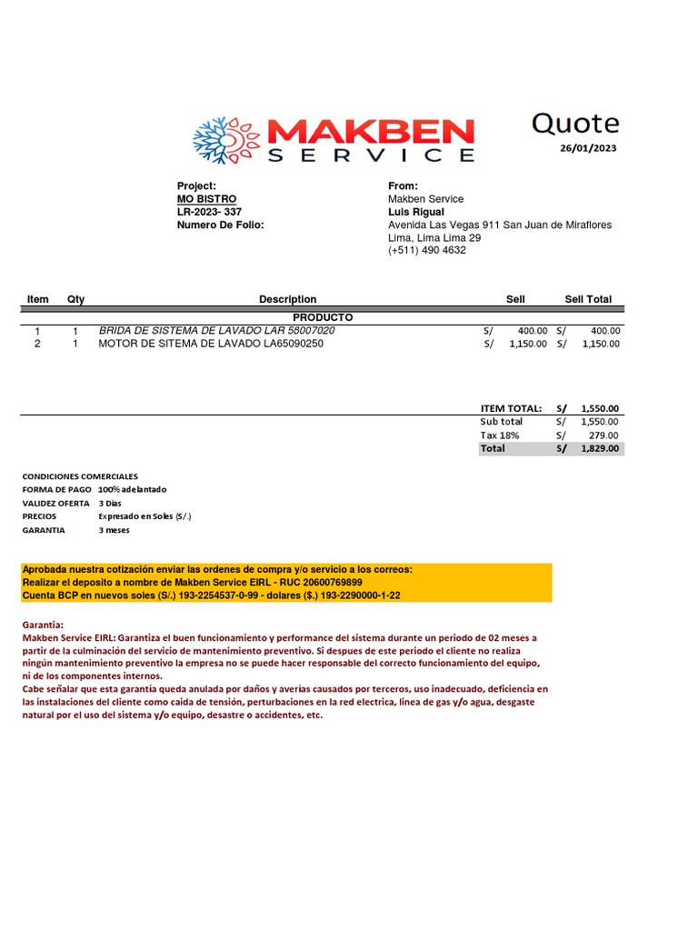 Makben Service Avenida Las Vegas 911 San Juan de Miraflores Lima, Lima Lima 29 | PDF