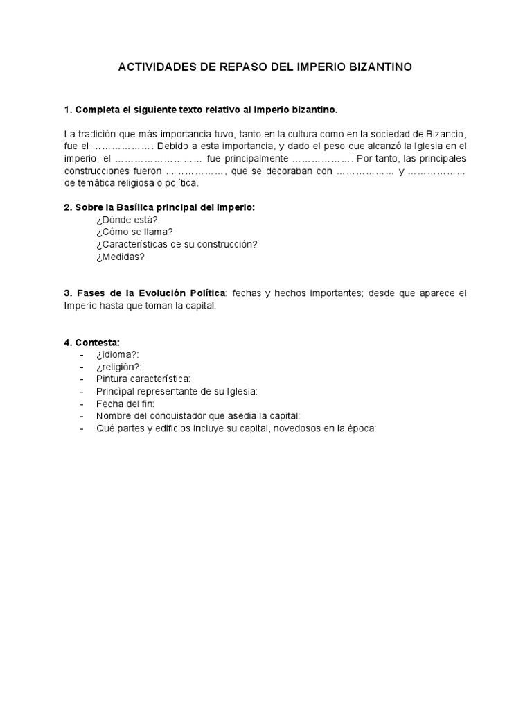 Actividades sobre el Imperio Bizantino | PDF | Historia