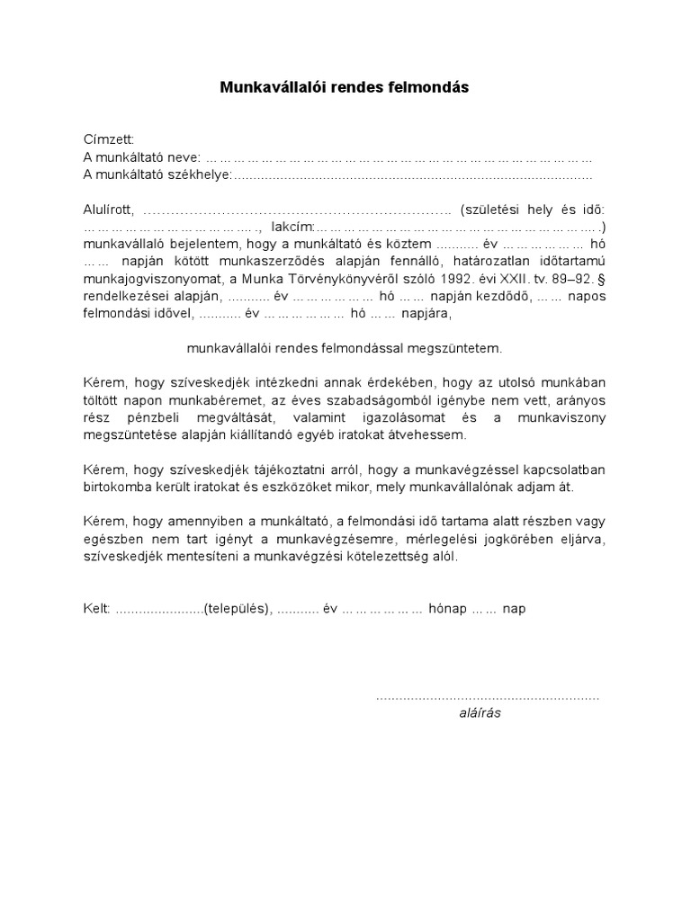 Munkavallaloi Rendes Felmondas | PDF